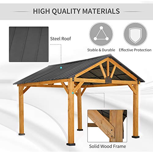 Outsunny 11' x 13' Hardtop Gazebo with Galvanized Steel Roof, Wooden Frame, Permanent Pavilion Outdoor Gazebo with Ceiling Hook for Garden, Patio, Backyard, Lawn