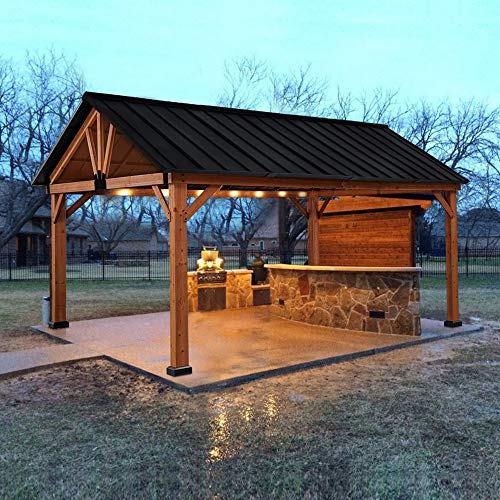 Outsunny 11' x 13' Hardtop Gazebo with Galvanized Steel Roof, Wooden Frame, Permanent Pavilion Outdoor Gazebo with Ceiling Hook for Garden, Patio, Backyard, Lawn