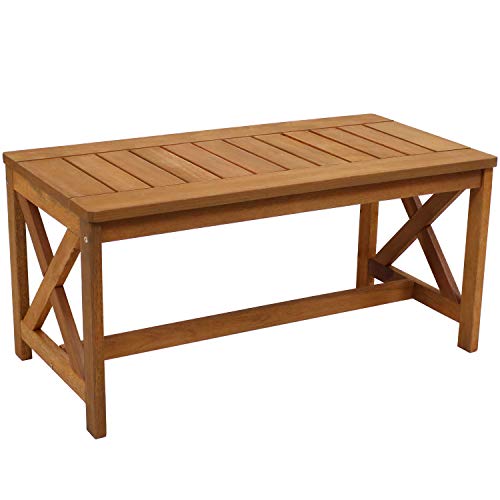 Sunnydaze Meranti Wood Outdoor Patio Coffee Table with Teak Finish - Outside Furniture for Lawn, Garden, Porch, Deck, Balcony, Backyard and Sunroom - Rectangle Table - 35-Inch