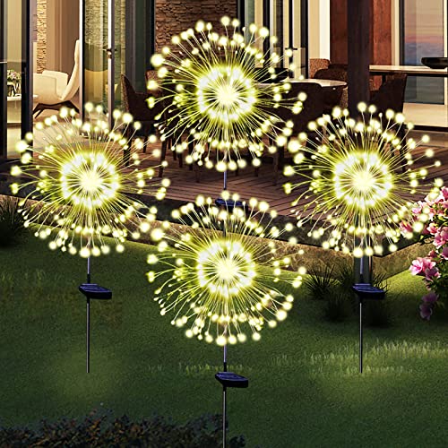 Solar Garden Firework Lights Outdoor Waterproof, 4 Pack Solar Powered Art Stake Twinkle Lighting for Outside Decor, 180 LED Sparklers String Lights for Yard Pathway Patio Party Decorations (Warm)