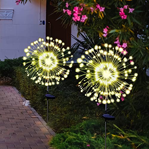 Solar Garden Firework Lights Outdoor Waterproof, 4 Pack Solar Powered Art Stake Twinkle Lighting for Outside Decor, 180 LED Sparklers String Lights for Yard Pathway Patio Party Decorations (Warm)