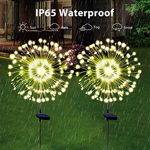 Solar Garden Firework Lights Outdoor Waterproof, 4 Pack Solar Powered Art Stake Twinkle Lighting for Outside Decor, 180 LED Sparklers String Lights for Yard Pathway Patio Party Decorations (Warm)