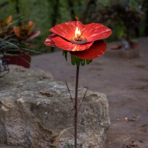 Desert Steel Flower Torch - (Red Poppy, 36" H x14 W) - Metal Art Citronella Garden Torch & Pathway Light w/Refillable Lamp Oil Canister