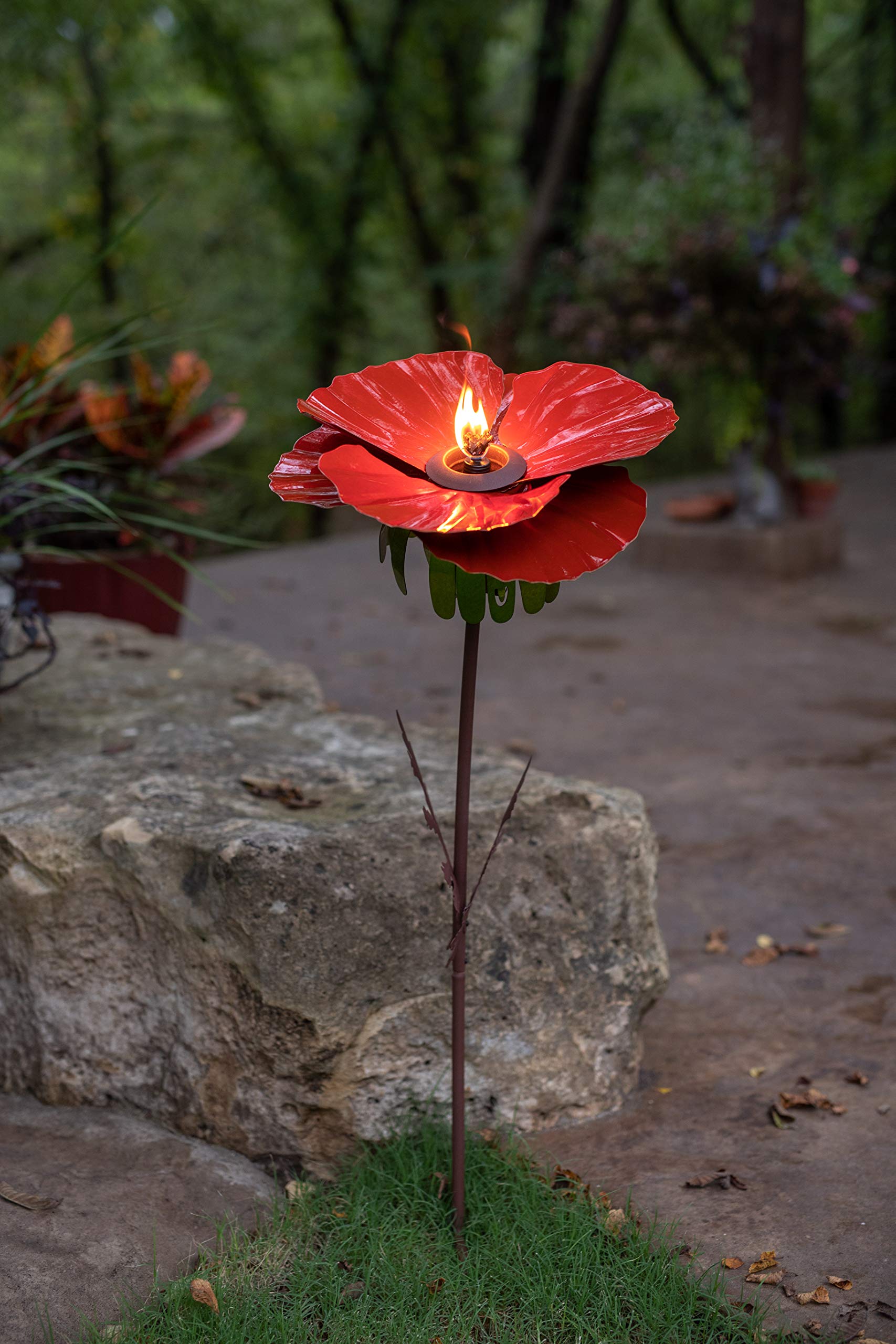 Desert Steel Flower Torch - (Red Poppy, 36" H x14 W) - Metal Art Citronella Garden Torch & Pathway Light w/Refillable Lamp Oil Canister