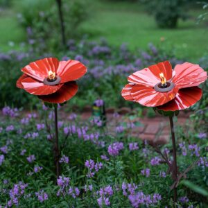 Desert Steel Flower Torch - (Red Poppy, 36" H x14 W) - Metal Art Citronella Garden Torch & Pathway Light w/Refillable Lamp Oil Canister