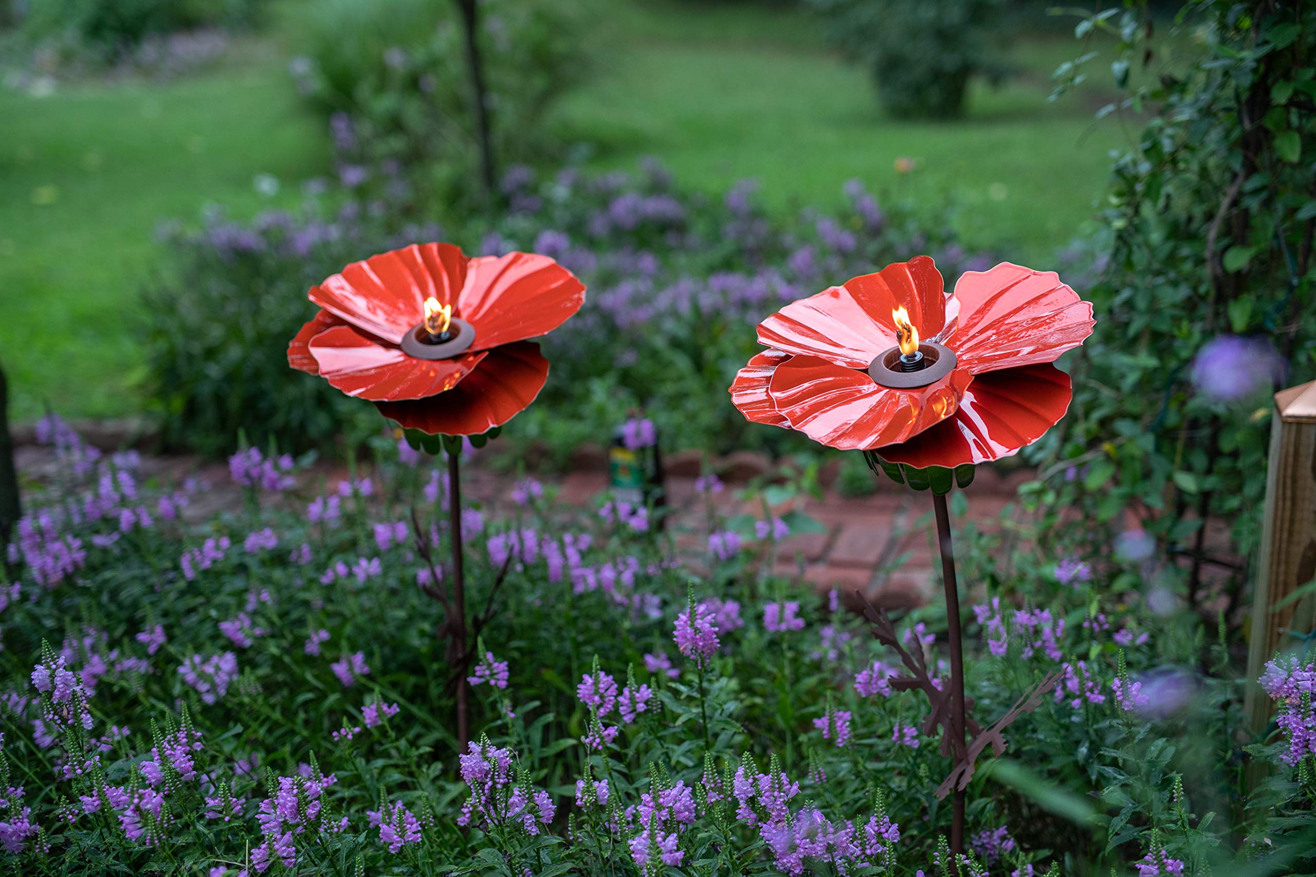 Desert Steel Flower Torch - (Red Poppy, 36" H x14 W) - Metal Art Citronella Garden Torch & Pathway Light w/Refillable Lamp Oil Canister