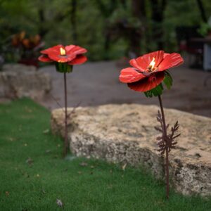 Desert Steel Flower Torch - (Red Poppy, 36" H x14 W) - Metal Art Citronella Garden Torch & Pathway Light w/Refillable Lamp Oil Canister