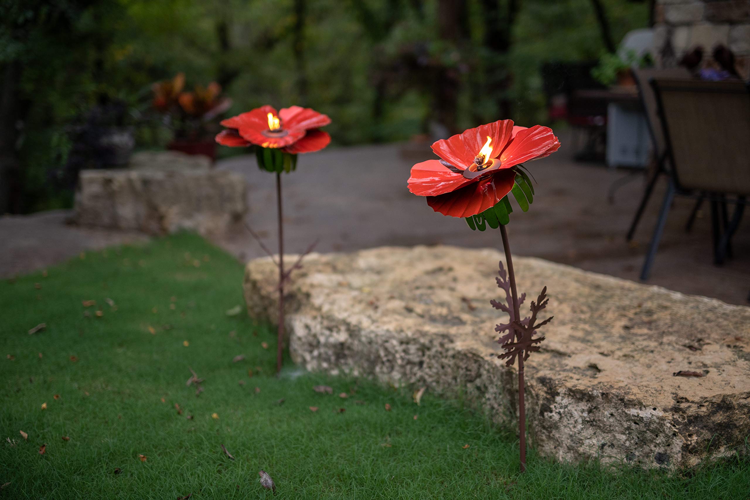 Desert Steel Flower Torch - (Red Poppy, 36" H x14 W) - Metal Art Citronella Garden Torch & Pathway Light w/Refillable Lamp Oil Canister