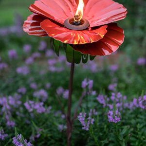 Desert Steel Flower Torch - (Red Poppy, 36" H x14 W) - Metal Art Citronella Garden Torch & Pathway Light w/Refillable Lamp Oil Canister