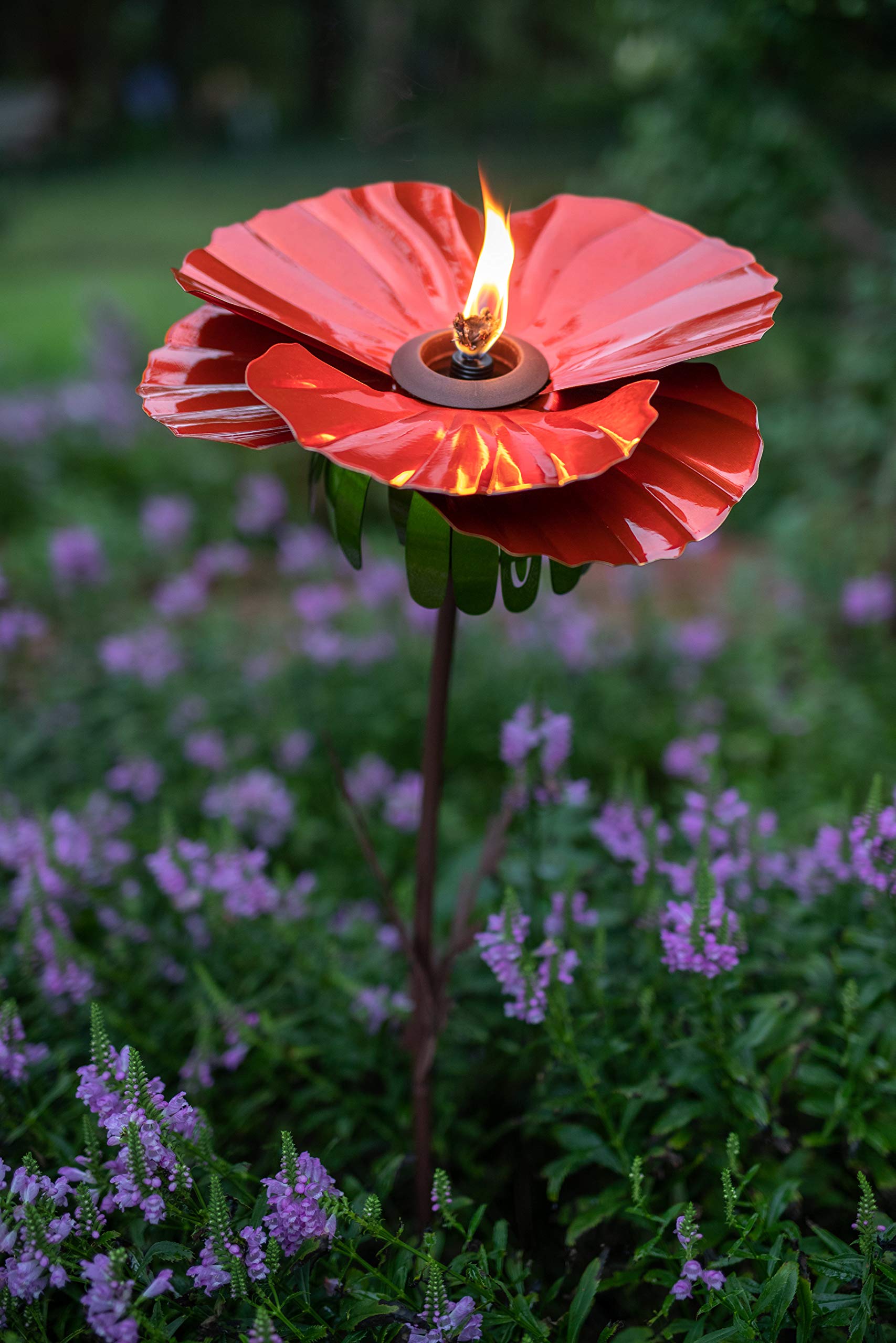 Desert Steel Flower Torch - (Red Poppy, 36" H x14 W) - Metal Art Citronella Garden Torch & Pathway Light w/Refillable Lamp Oil Canister