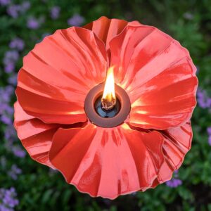 Desert Steel Flower Torch - (Red Poppy, 36" H x14 W) - Metal Art Citronella Garden Torch & Pathway Light w/Refillable Lamp Oil Canister