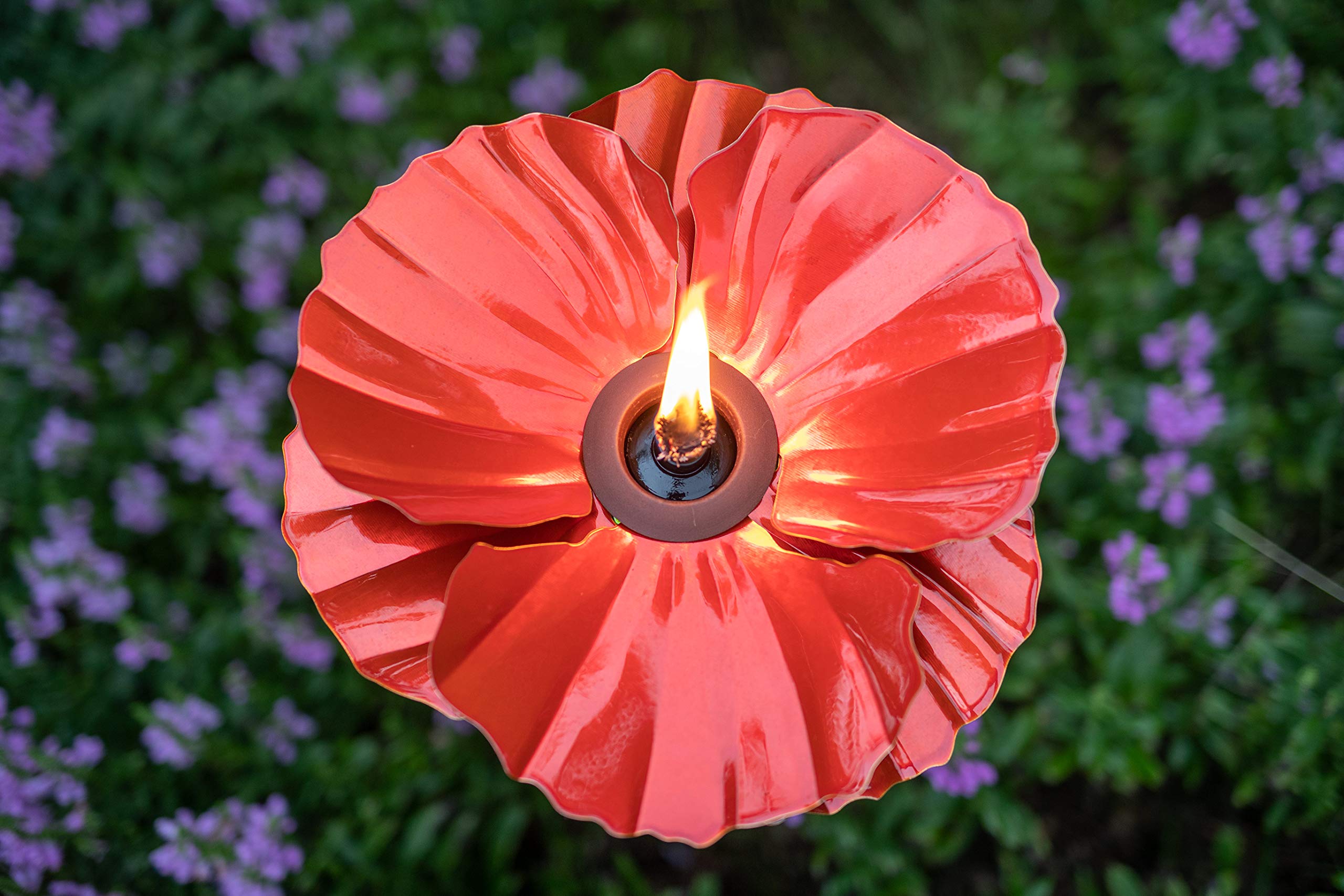 Desert Steel Flower Torch - (Red Poppy, 36" H x14 W) - Metal Art Citronella Garden Torch & Pathway Light w/Refillable Lamp Oil Canister