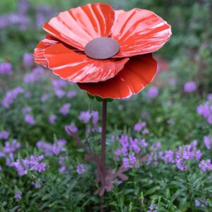 Desert Steel Flower Torch - (Red Poppy, 36" H x14 W) - Metal Art Citronella Garden Torch & Pathway Light w/Refillable Lamp Oil Canister