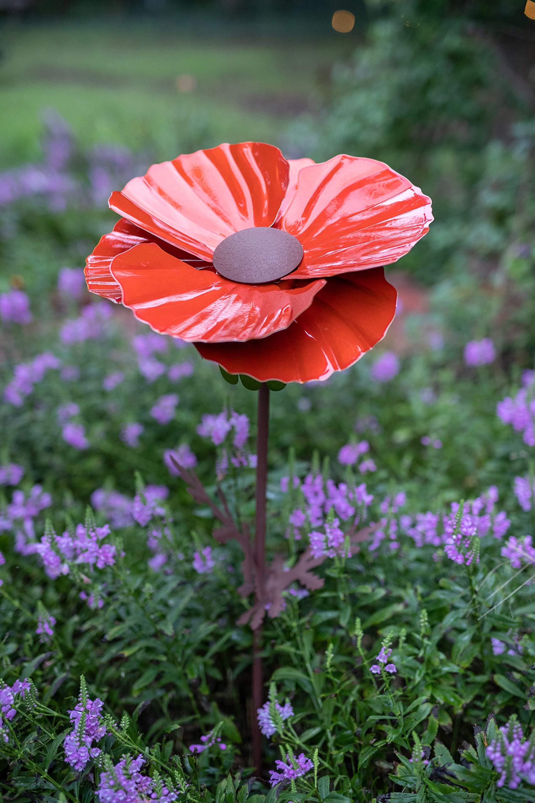 Desert Steel Flower Torch - (Red Poppy, 36" H x14 W) - Metal Art Citronella Garden Torch & Pathway Light w/Refillable Lamp Oil Canister