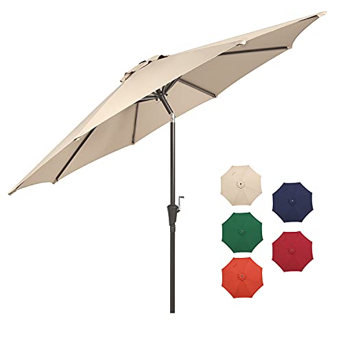 Hepoe 10' Patio Umbrella Outdoor Market Umbrellas with 8 Sturdy Ribs Push Button Tilt and Crank for Yard Garden Umbrellas (10 ft, Beige)