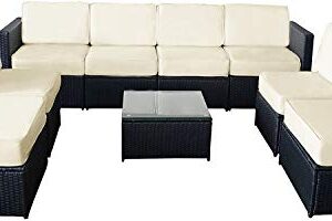 MCombo 6085 9 PC Cozy Outdoor Garden Patio Rattan Wicker Furniture Sectional Sofa (Creme White)