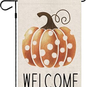 Fall Garden Flag，Welcome Pumpkin Fall Flag 12X18inch，Double Faced Linen Material ，Outdoor Fall Decor，Farmhouse Welcome Banner Pumpkin Decor