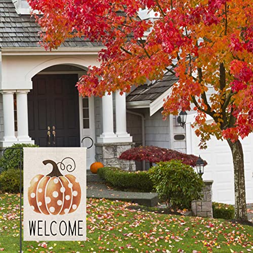 Fall Garden Flag，Welcome Pumpkin Fall Flag 12X18inch，Double Faced Linen Material ，Outdoor Fall Decor，Farmhouse Welcome Banner Pumpkin Decor