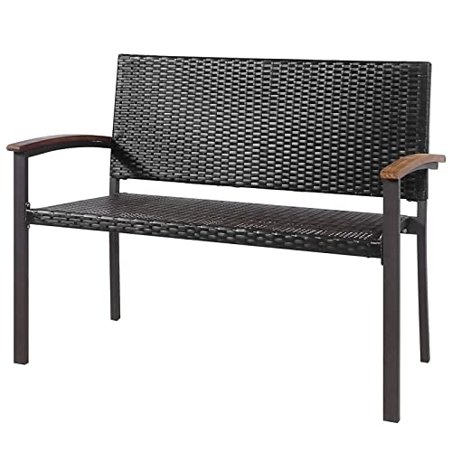 Tangkula Outdoor Stackable Bench, All-Weather PE Wicker Loveseat with Acacia Wood Armrests, 2-Person Heavy Duty Metal Frame Patio Bench, for Garden, Front Porch, Courtyard