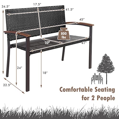 Tangkula Outdoor Stackable Bench, All-Weather PE Wicker Loveseat with Acacia Wood Armrests, 2-Person Heavy Duty Metal Frame Patio Bench, for Garden, Front Porch, Courtyard