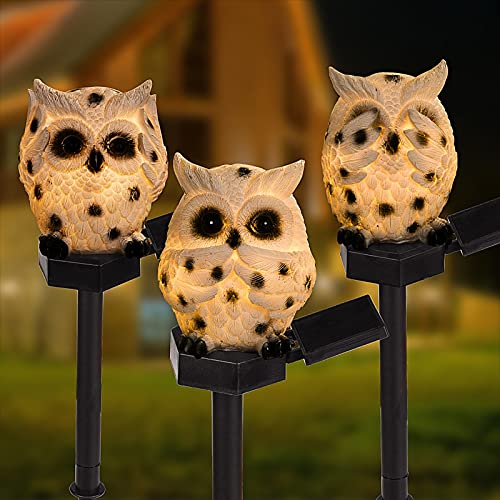 LIGHTSHINE Mini Owl Decor Outdoor Figurine Lights, IP44 Waterproof Solar Pathway Stake Lights, Solar Garden Decorations Lights, Outdoor Decorative Landscape Path Lights (3 Count)