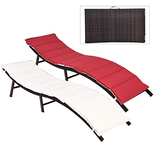 Tangkula Set of 2 Patio Chaise, Foldable Outdoor Patio Wicker Lounger Chair, with Double-Sided Cushions, Suitable for Poolside Garden Lawn Backyard Deck and Sunroom