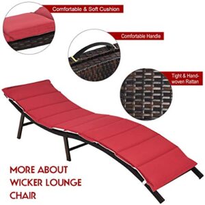 Tangkula Set of 2 Patio Chaise, Foldable Outdoor Patio Wicker Lounger Chair, with Double-Sided Cushions, Suitable for Poolside Garden Lawn Backyard Deck and Sunroom