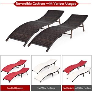 Tangkula Set of 2 Patio Chaise, Foldable Outdoor Patio Wicker Lounger Chair, with Double-Sided Cushions, Suitable for Poolside Garden Lawn Backyard Deck and Sunroom