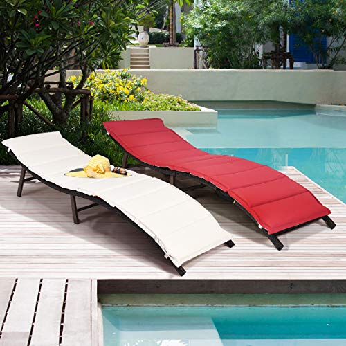 Tangkula Set of 2 Patio Chaise, Foldable Outdoor Patio Wicker Lounger Chair, with Double-Sided Cushions, Suitable for Poolside Garden Lawn Backyard Deck and Sunroom