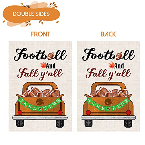 2 Pcs Football Fall Garden Flags 12x18 Double Sided, Burlap Football Farm Truck And Maple Leaves Buffalo Plaid Thanksgiving Garden Flags, Outdoor Yard Decorations for Football Fans Fall Gifts