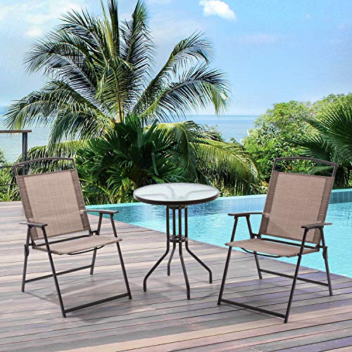 VredHom 3 Piece Patio Bistro Set,Outdoor Conversation Set Outdoor Patio Furniture Set Round Glass Top Table with 2 Folding Chairs for Balcony,Porch,Deck(Beige)