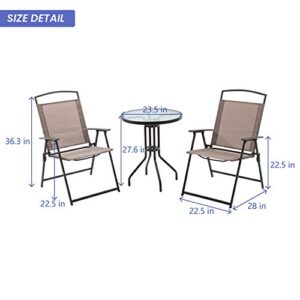 VredHom 3 Piece Patio Bistro Set,Outdoor Conversation Set Outdoor Patio Furniture Set Round Glass Top Table with 2 Folding Chairs for Balcony,Porch,Deck(Beige)