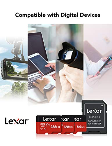 Lexar 128GB Micro SD Card, MicroSDXC Flash Memory Card with Adapter Up to 160MB/s, A2, U3, V30, C10, UHS-I, 4K UHD, Full HD, High Speed TF Card for Phones, Tablets, Drones, Dash Cam, Security Camera