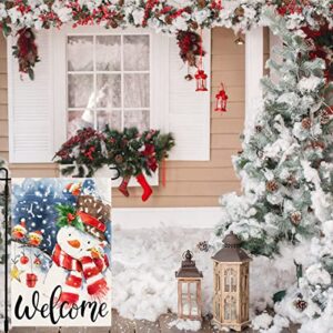 QWETRY Winter Snowman Welcome Christmas Garden Flag Double Sided, Merry Christmas Yard Flag for Outside Outdoor Décor, Premium Burlap Vertical Rustic Flags for Farmhouse Porch Lawn 12.5x18 Inch