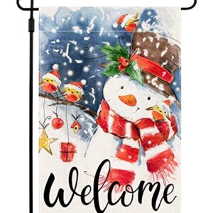 QWETRY Winter Snowman Welcome Christmas Garden Flag Double Sided, Merry Christmas Yard Flag for Outside Outdoor Décor, Premium Burlap Vertical Rustic Flags for Farmhouse Porch Lawn 12.5x18 Inch