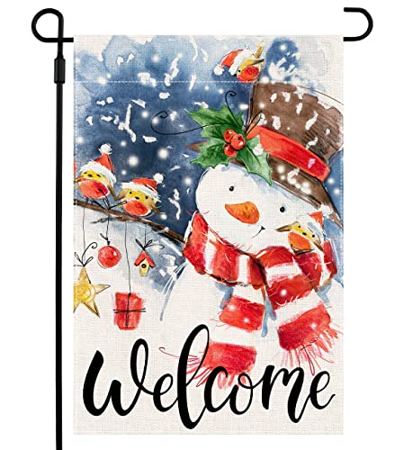 QWETRY Winter Snowman Welcome Christmas Garden Flag Double Sided, Merry Christmas Yard Flag for Outside Outdoor Décor, Premium Burlap Vertical Rustic Flags for Farmhouse Porch Lawn 12.5x18 Inch