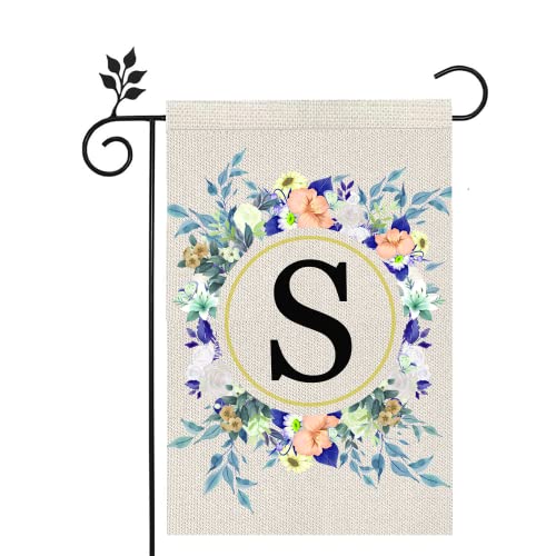 Monogram Letter S Initial Garden Flag Floral 12x18 Inch Small Vertical Double Sided for Outside Small Burlap Family Last Name Initial Yard Farmhouse Flag (S)