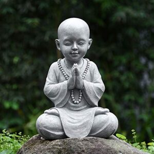 goodeco meditating baby buddha statue figurine – zen garden monk sculpture,indoor/outdoor decor for home,garden patio deck yard art decoration- with natural wood beaded necklace 11.2″ (gray)