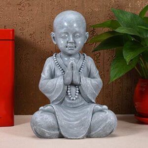 Goodeco Meditating Baby Buddha Statue Figurine - Zen Garden Monk Sculpture,Indoor/Outdoor Decor for Home,Garden Patio Deck Yard Art Decoration- with Natural Wood Beaded Necklace 11.2" (Gray)