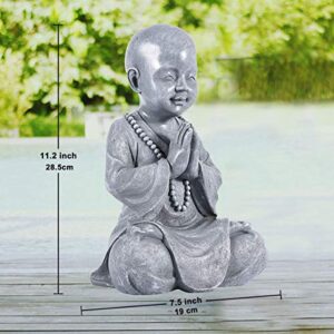 Goodeco Meditating Baby Buddha Statue Figurine - Zen Garden Monk Sculpture,Indoor/Outdoor Decor for Home,Garden Patio Deck Yard Art Decoration- with Natural Wood Beaded Necklace 11.2" (Gray)