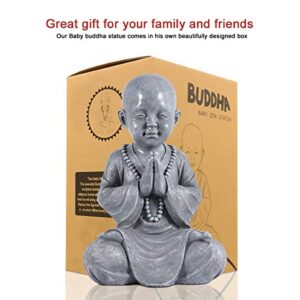 Goodeco Meditating Baby Buddha Statue Figurine - Zen Garden Monk Sculpture,Indoor/Outdoor Decor for Home,Garden Patio Deck Yard Art Decoration- with Natural Wood Beaded Necklace 11.2" (Gray)