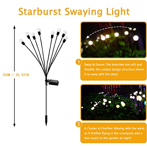 Solar Swaying Lights，8 Head Two Mode Firefly Solar Garden Lights，Garden Fairy Lights Outdoor Waterproof，Solar Decorative Outdoor Patio Trail Garden Lawn Courtyard (Two-Piece Set Warm White)