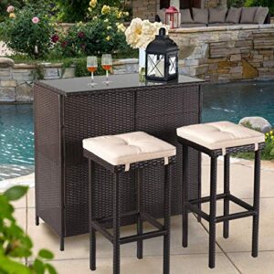 solaura 3-piece outdoor patio bar set black brown wicker bar table set patio furniture set outdoor bar and two stools with cushions for backyards, lawn, garden, deck, or poolside