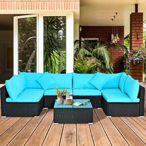 HAPPYGRILL 7-Pieces Patio Furniture Set Outdoor Rattan Wicker Sectional Sofa Set with Cushions & Pillows & Coffee Table for Garden Lawn