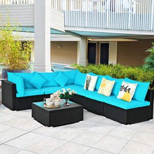 HAPPYGRILL 7-Pieces Patio Furniture Set Outdoor Rattan Wicker Sectional Sofa Set with Cushions & Pillows & Coffee Table for Garden Lawn