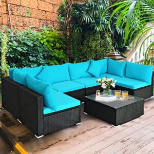 HAPPYGRILL 7-Pieces Patio Furniture Set Outdoor Rattan Wicker Sectional Sofa Set with Cushions & Pillows & Coffee Table for Garden Lawn