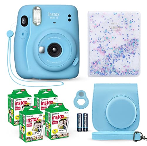 Fujifilm Instax Mini 11 Instant Camera Sky Blue + Fuji Film Value Pack (40 Sheets) + Shutter Accessories Bundle, Including Compatible Carrying Case, Selfie Lens, Quicksand Beads Photo Album 64 Pockets