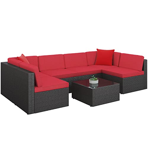 Greesum Patio Furniture Sets 7 Piece Outdoor Wicker Rattan Sectional Sofa with Cushions, Pillows & Glass Table, Red