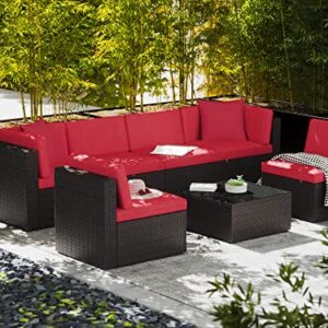 Greesum Patio Furniture Sets 7 Piece Outdoor Wicker Rattan Sectional Sofa with Cushions, Pillows & Glass Table, Red