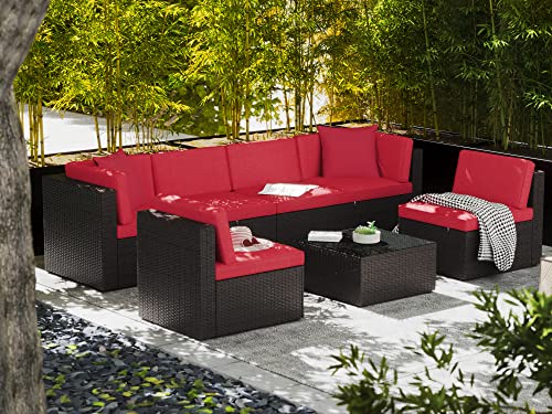 Greesum Patio Furniture Sets 7 Piece Outdoor Wicker Rattan Sectional Sofa with Cushions, Pillows & Glass Table, Red